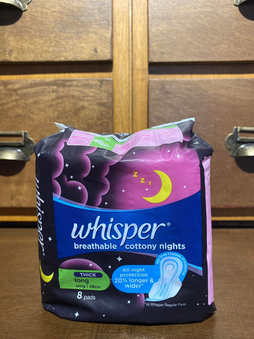 Whisper Cotton Overnight Long Heavy Flow w/ wings 8's – Meds for All